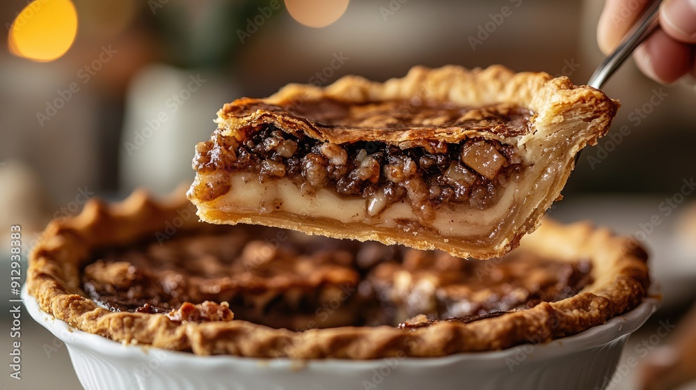 Pie slice being lifted from a pie cut into quarters, showcasing the ...