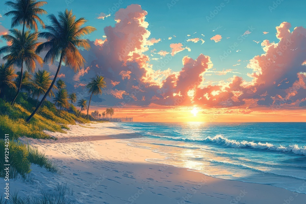 dreamy miami beach scene illustrated in soft pastel hues featuring art ...