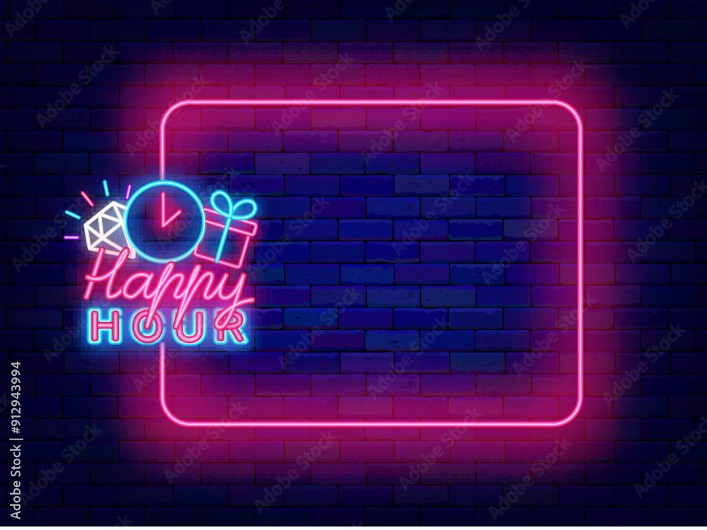 Happy hour neon banner. Empty pink frame and typography with alarm ...