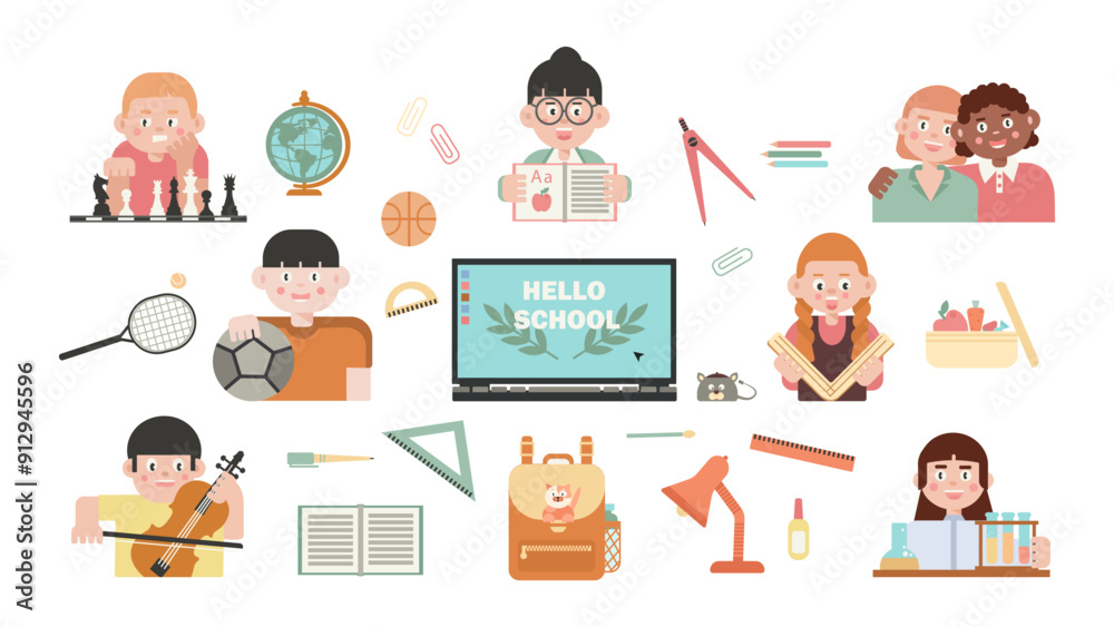 School set. Students in the process of learning. Set of cartoon ...