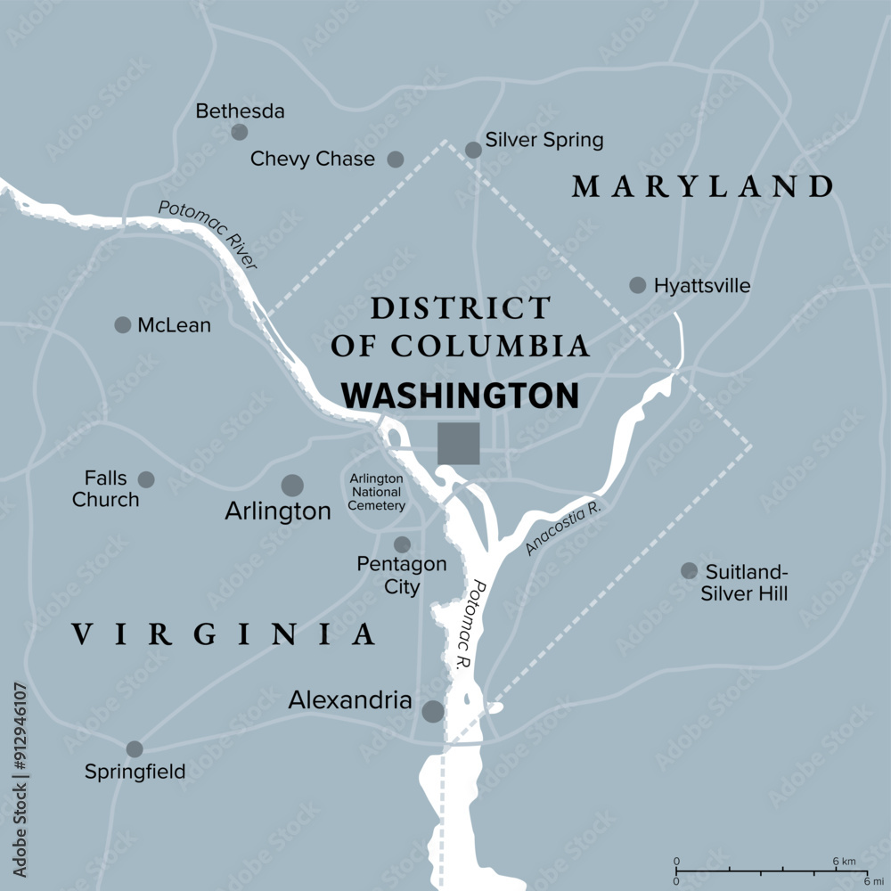 Washington, D.C., gray political map. District of Columbia, capital ...
