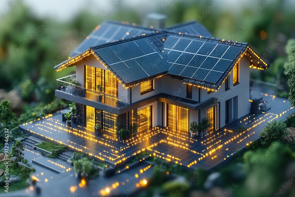 ecofriendly home energy system with stylized battery wall and solar ...