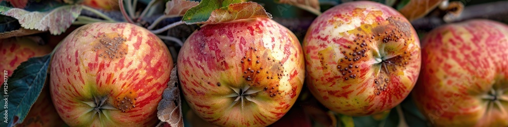 Fruits and leaves on an apple tree affected by the fungal disease apple ...