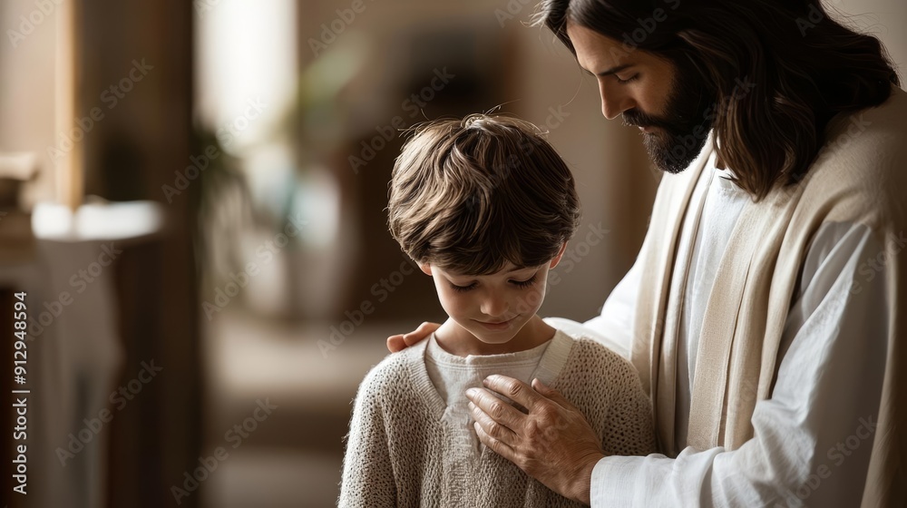 Intimate moment of Jesus healing a young boy, representing the biblical ...
