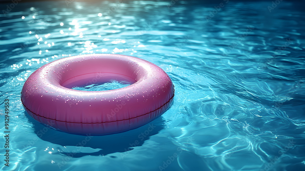 Colorful inflatable float floating on a blue swimming pool symbolizes ...