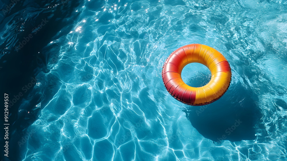 Colorful inflatable float floating on a blue swimming pool symbolizes ...