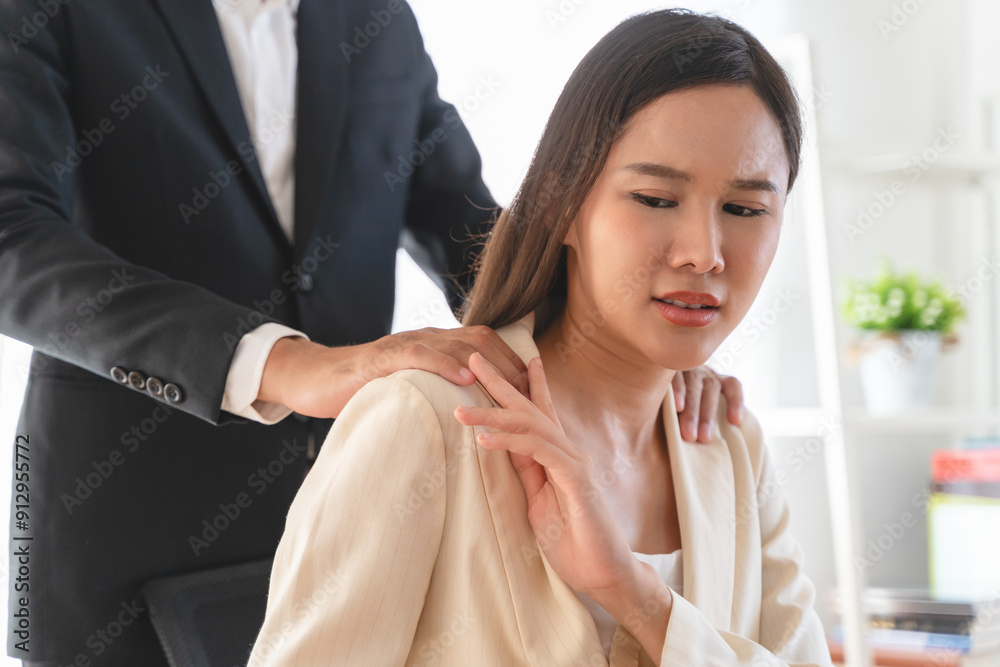 Disgusted asian young employee, pressure business woman uncomfortable ...