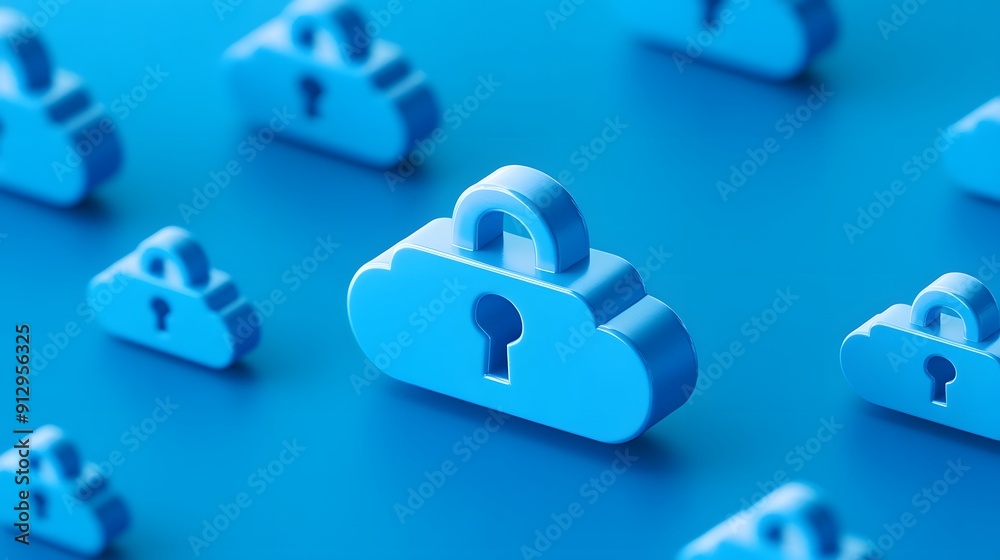 Blue cloud icons with keyholes representing cloud security and data ...