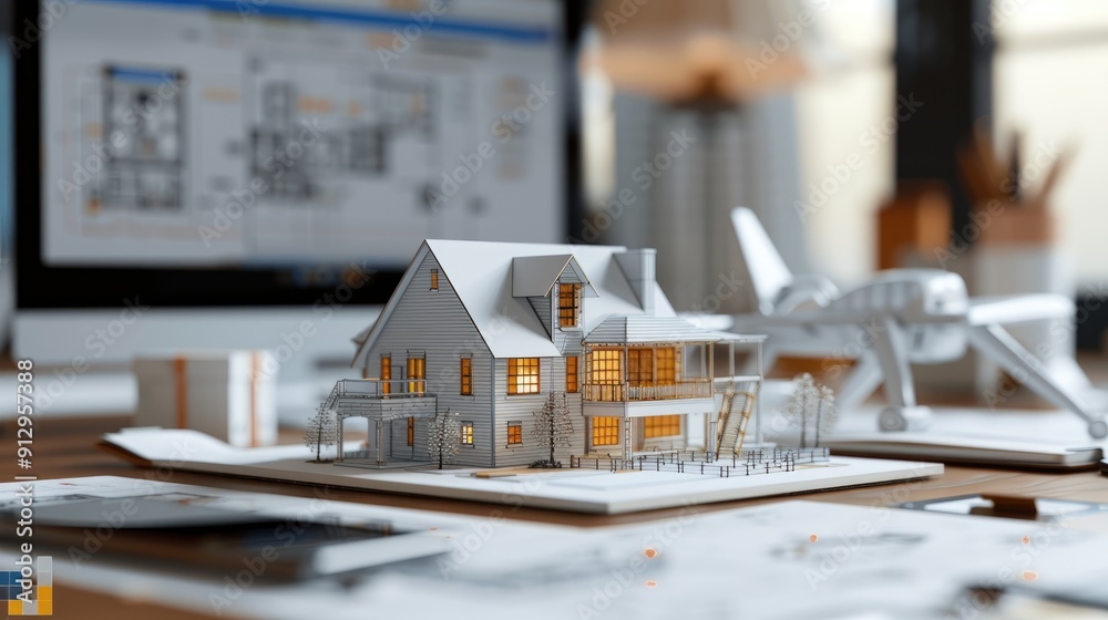 Detailed architectural model of a house, surrounded by blueprints and ...
