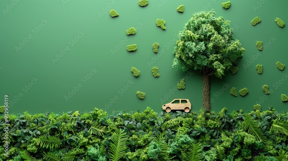 Tree with renewable energy and ecofriendly transport symbols ...