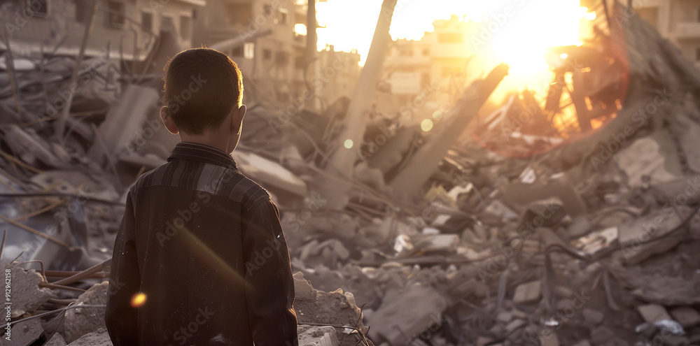 Back side of a young boy stands amidst the ruins of a bombed-out urban ...