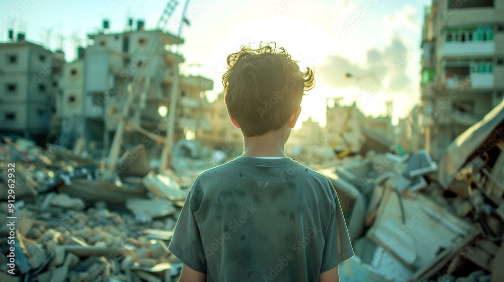 Back side of a young boy stands amidst the ruins of a bombed-out urban ...