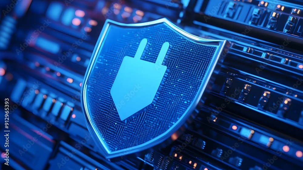 Blue shield with a plug icon in front of a server rack, symbolizing ...