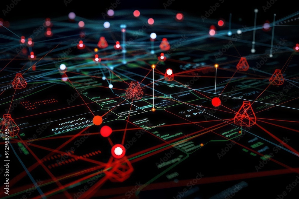 Complex web of digital connections, with highlighted pathways ...