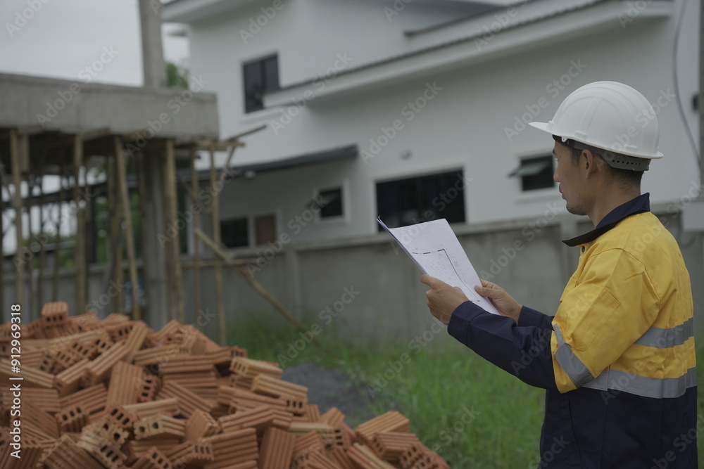 Professional architect engineer with hard hat and blueprint at building ...