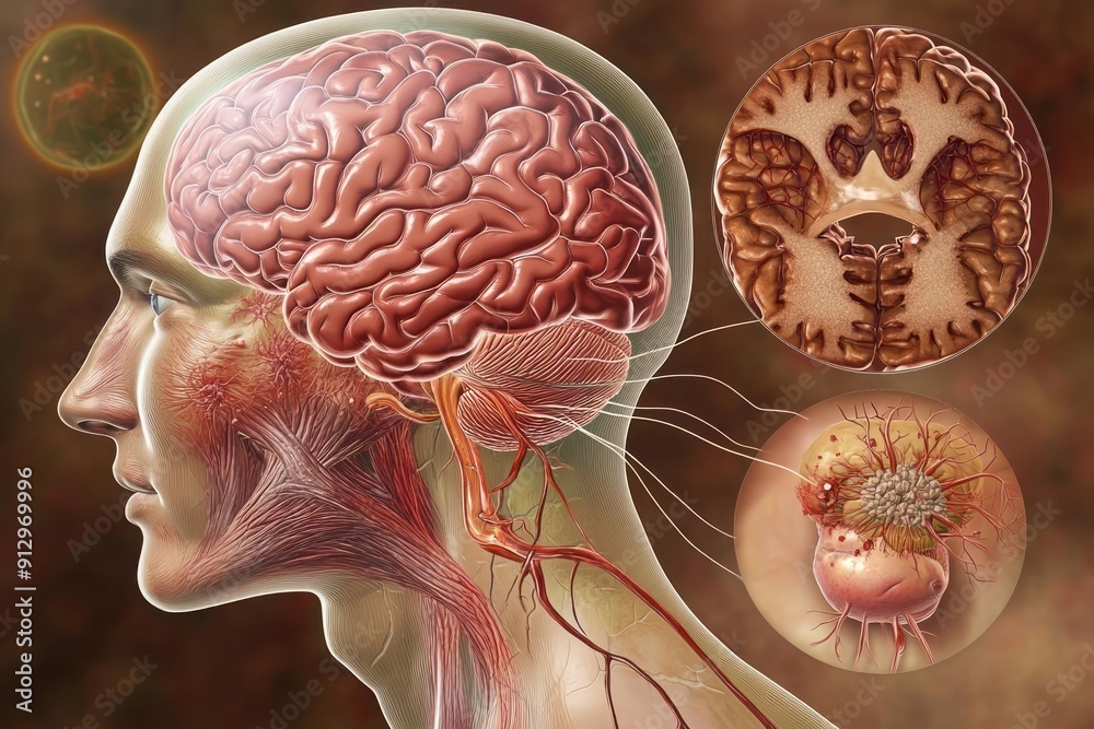 Inflammation of the brain and meninges caused by meningoencephalitis ...