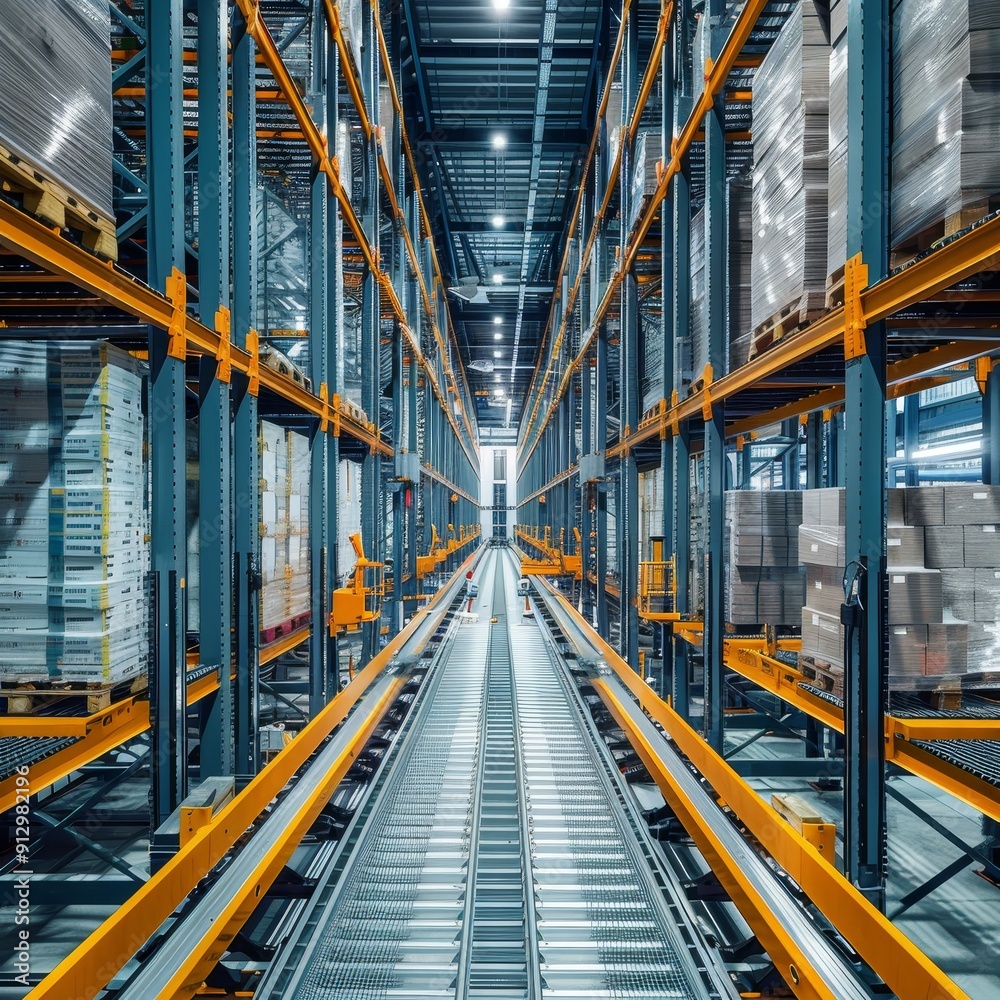 Automated Warehouse Conveyor System Yellow and Blue Metal Structure, Industrial Storage, High ...