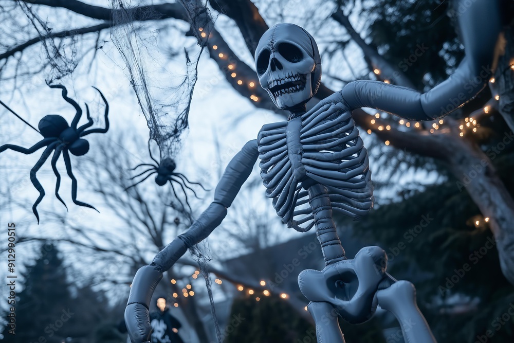 oversized yard decor scene with a huge -foot skeleton, large inflatable ...