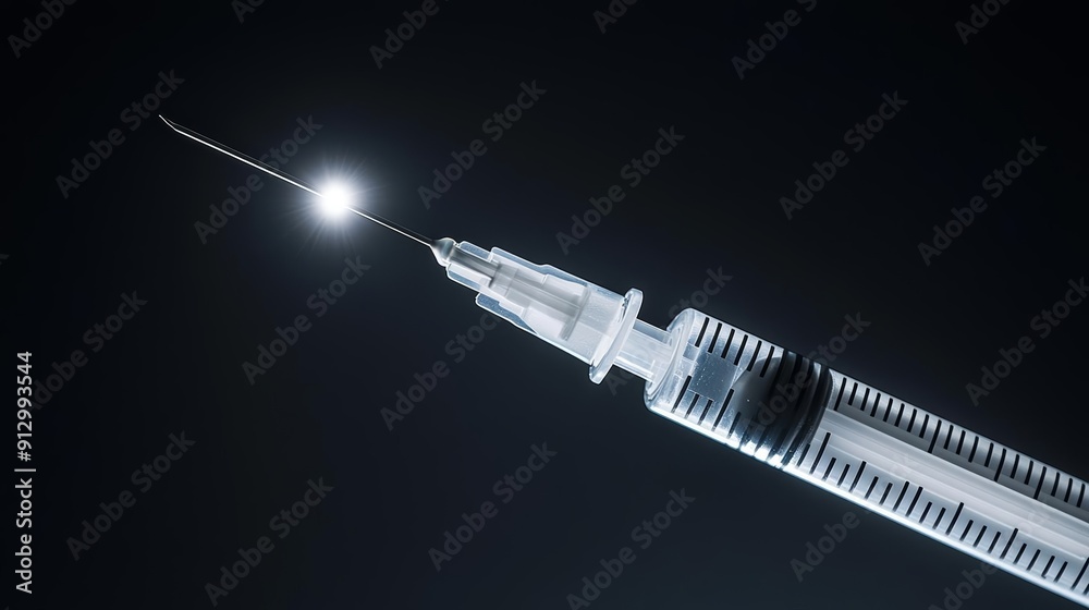 Close-up of a syringe with a luminous white light at the needle tip ...