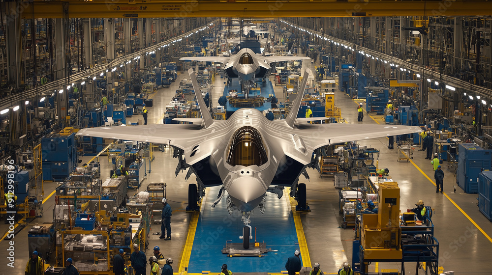 A large jet manufacturing facility with an advanced stealth fighter jet ...