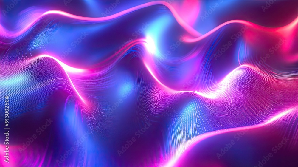 Abstract 3D shape with curvy neon lines and UV glow on a colorful ...
