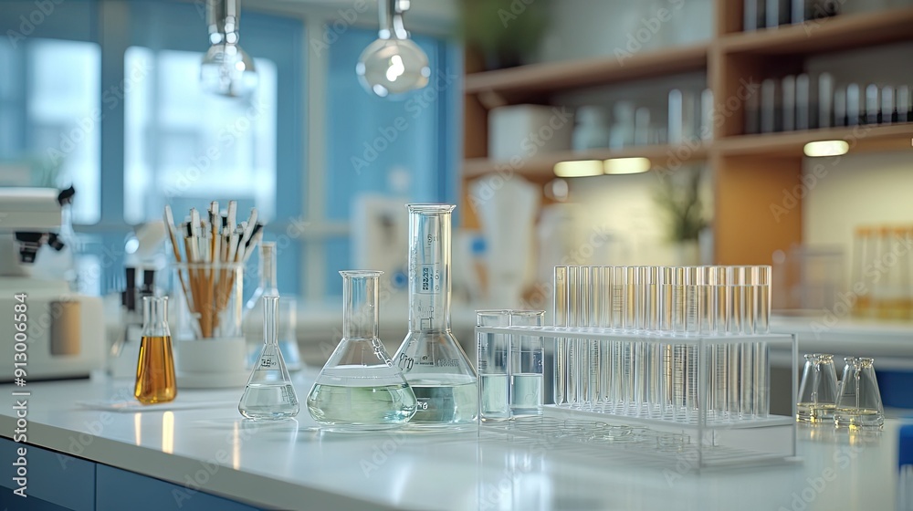 Clean and orderly science laboratory with empty test tubes and chemical ...