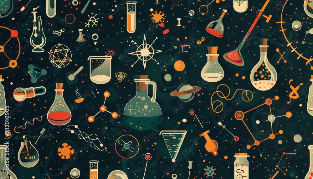 Flat background featuring symbols of science like beakers, test tubes ...