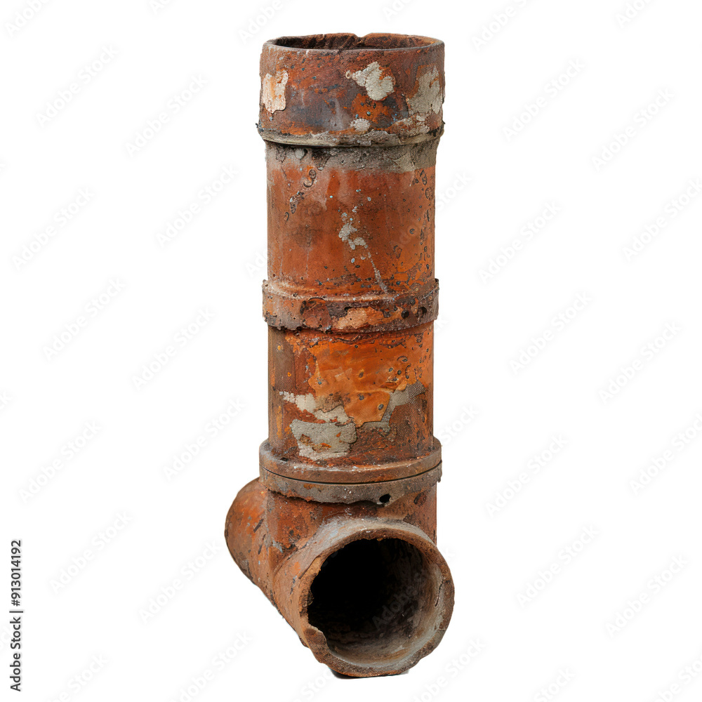 Old rusty drain pipe is standing on a white background, showing its age ...