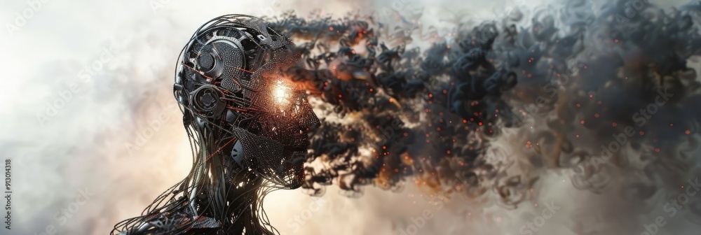 Centered view of a robot s top half enclosed in dense smoke made of ...
