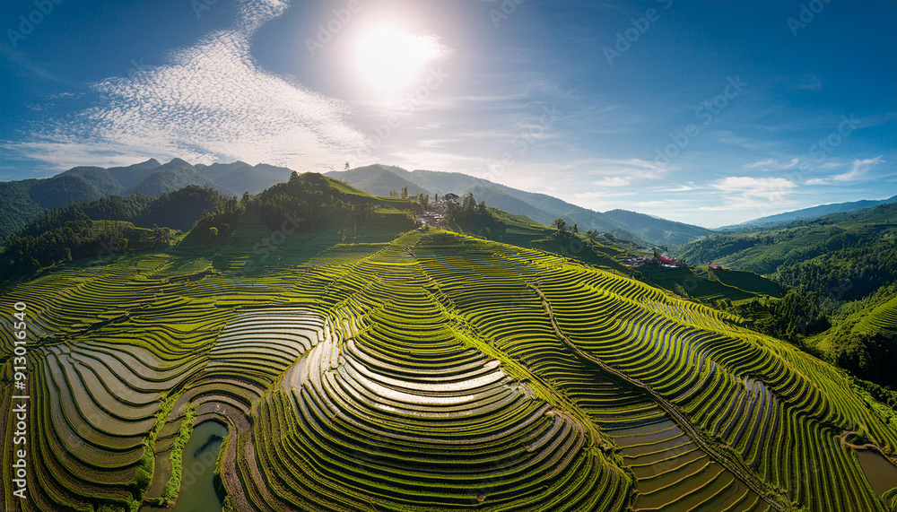 A stunning aerial view of green rice terraces carved into a hillside ...