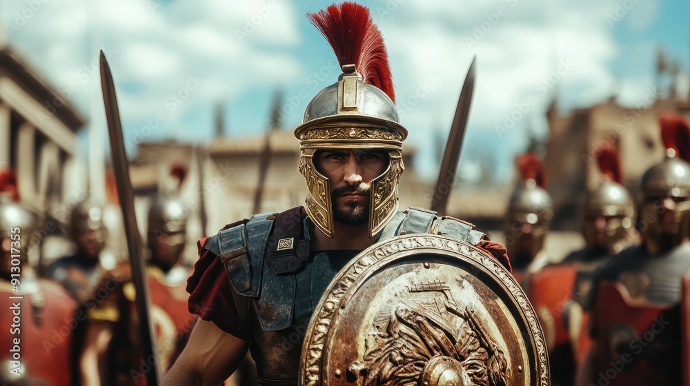 Roman male legionary, legionaries wear helmet with crest, long sword ...