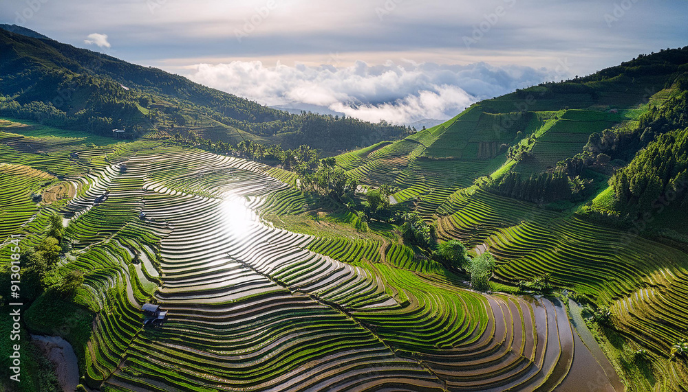 A stunning aerial view of green rice terraces carved into a hillside ...