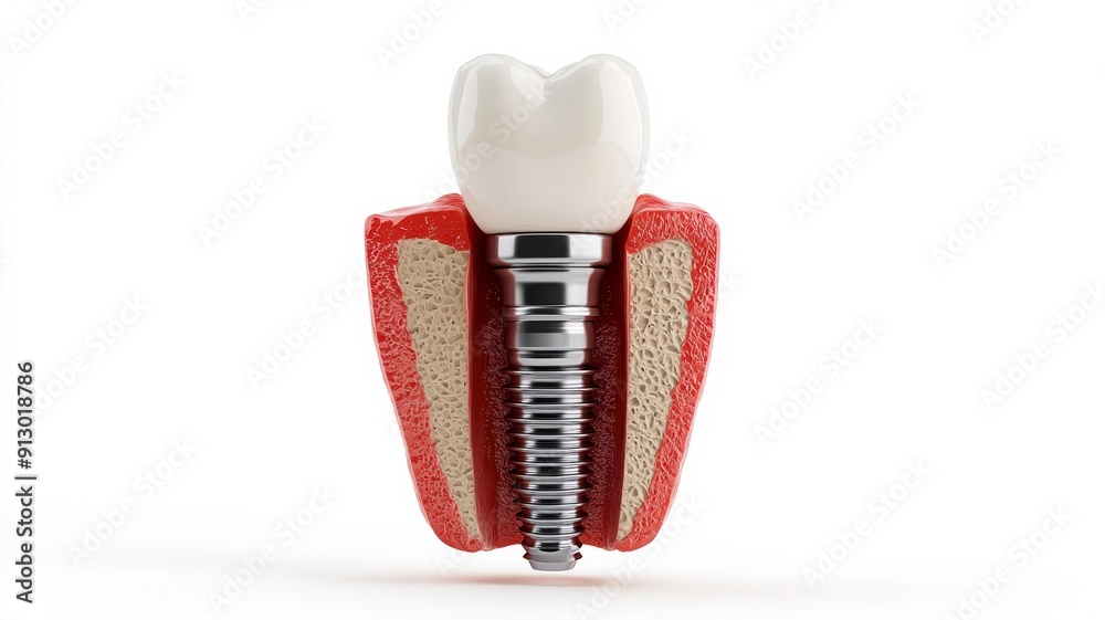 Detailed view of a dental implant showing the titanium screw and ...