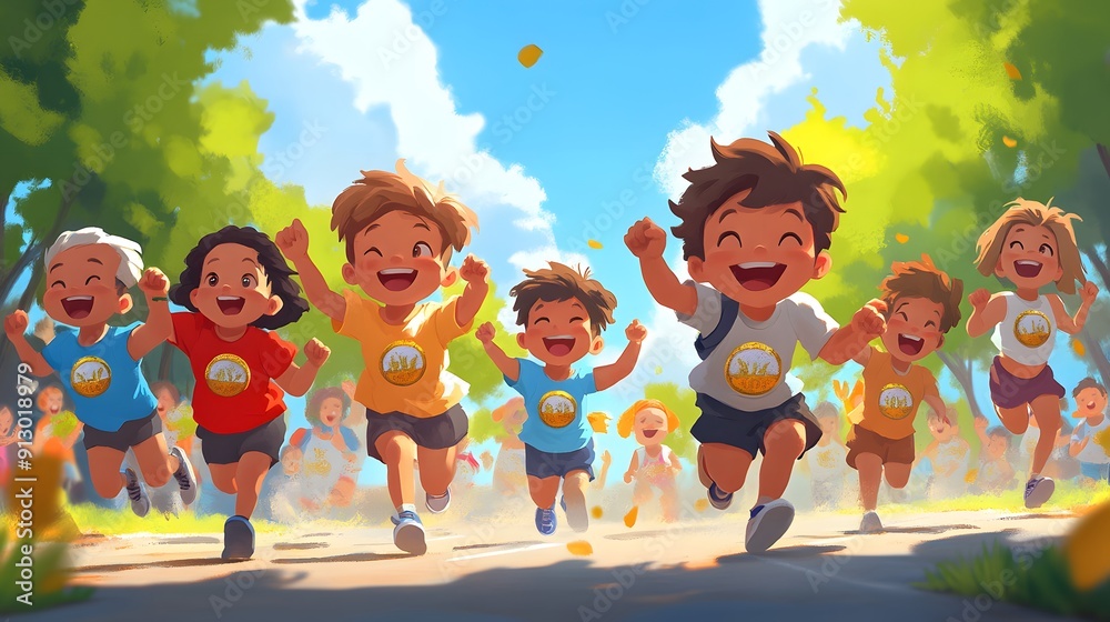 Cartoon kids participating in a school sports day with races medals and ...