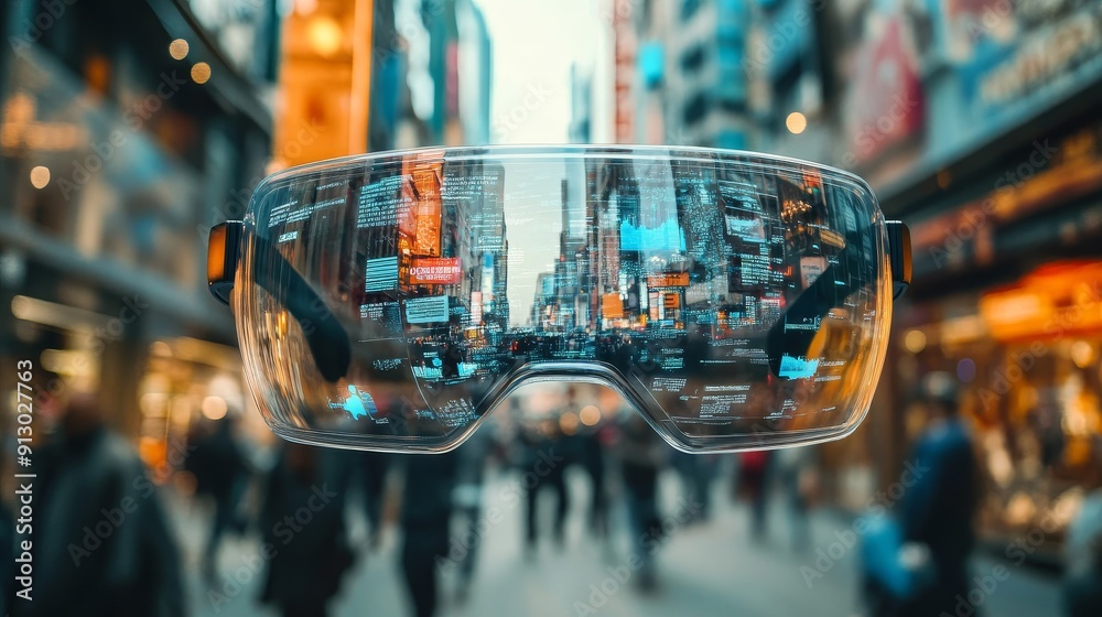 Augmented reality glasses overlaying real-time news updates in a busy ...