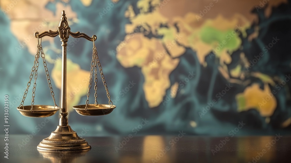 Global scale of justice with balanced scales over a map, justice ...
