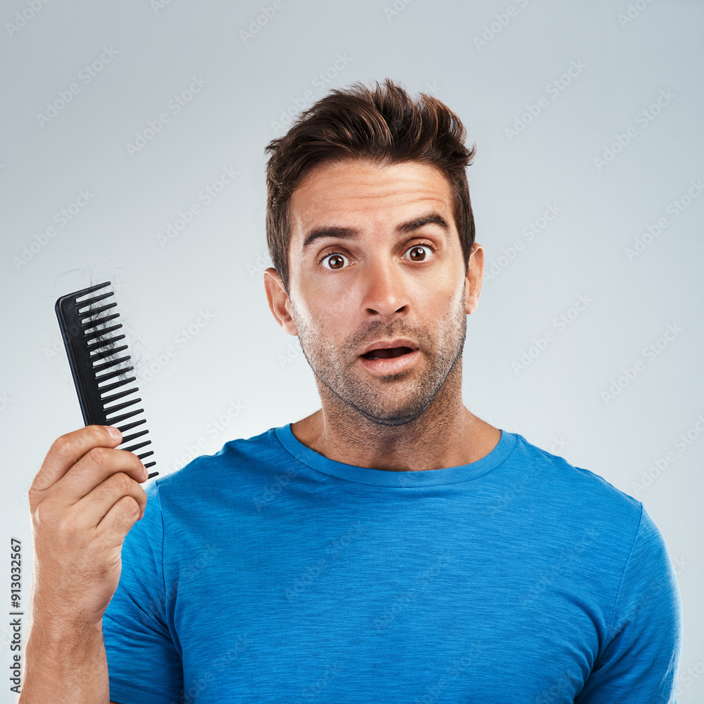 Man, face and stress for hair loss comb with crisis, genetic disease and thyroid problem in ...