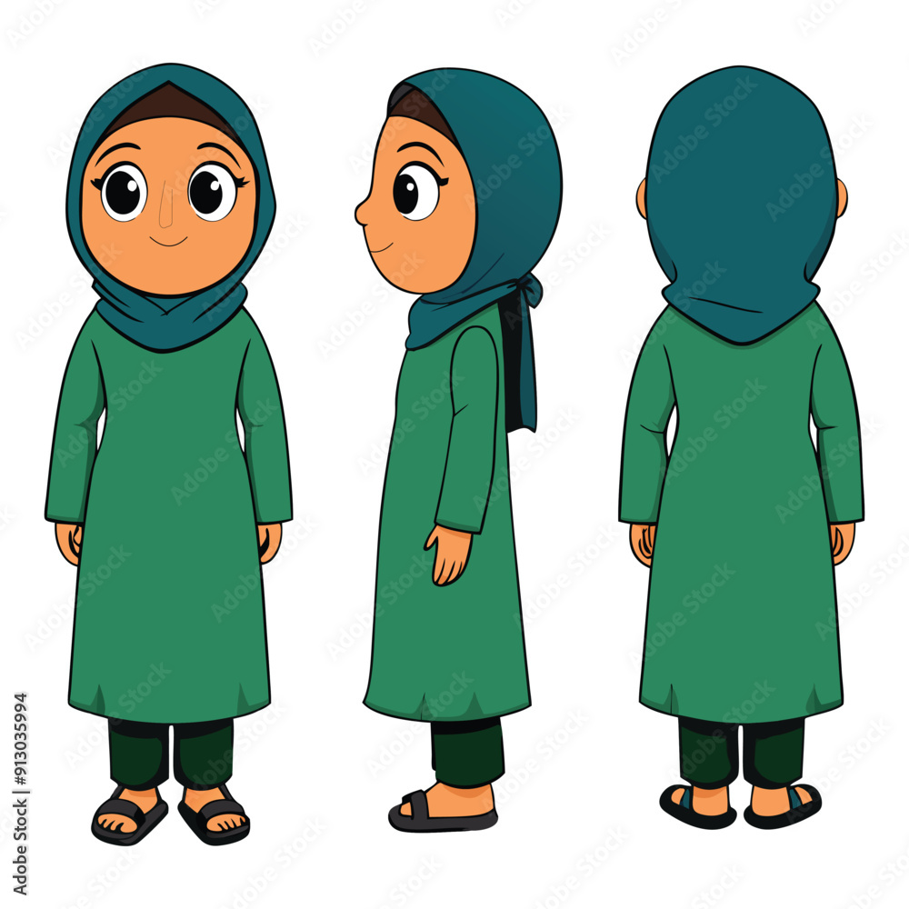 Asian Indian Pakistan Arab 2D Hijab Women Character Front View, Side ...
