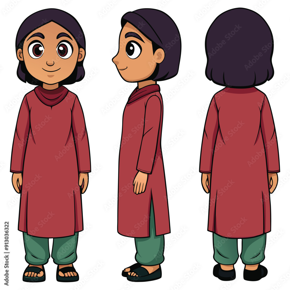 Asian Indian Pakistan Arab 2D Women Character Front View, Side View, Back View Hijab 2D ...