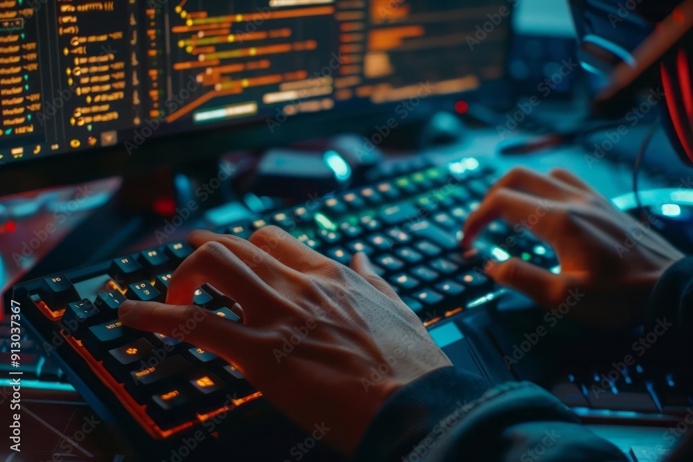Hacker typing rapidly on a keyboard, technical skill and clandestine operations involved in ...