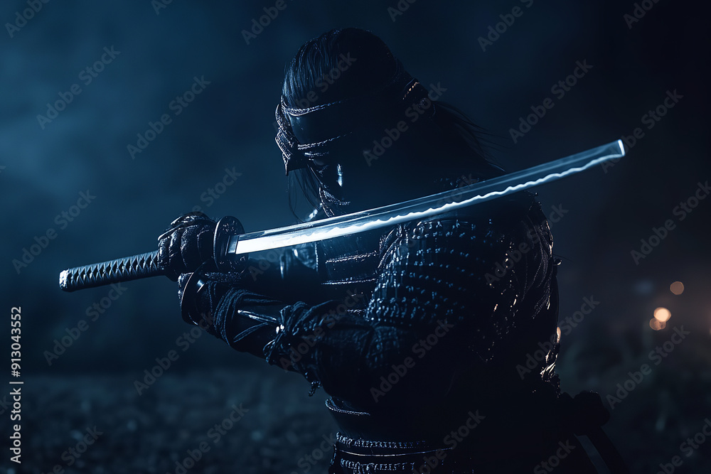 at night, taking katana out of sheet, fighting pose, samurai warrior in ...