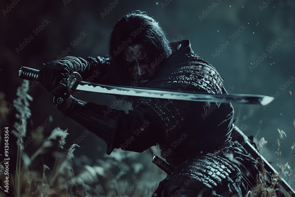 Foto de at night, taking katana out of sheet, fighting pose, samurai ...