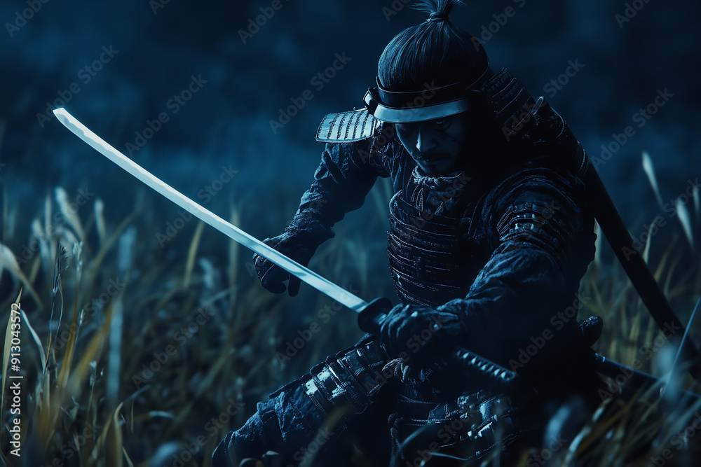 at night, taking katana out of sheet, fighting pose, samurai warrior in ...