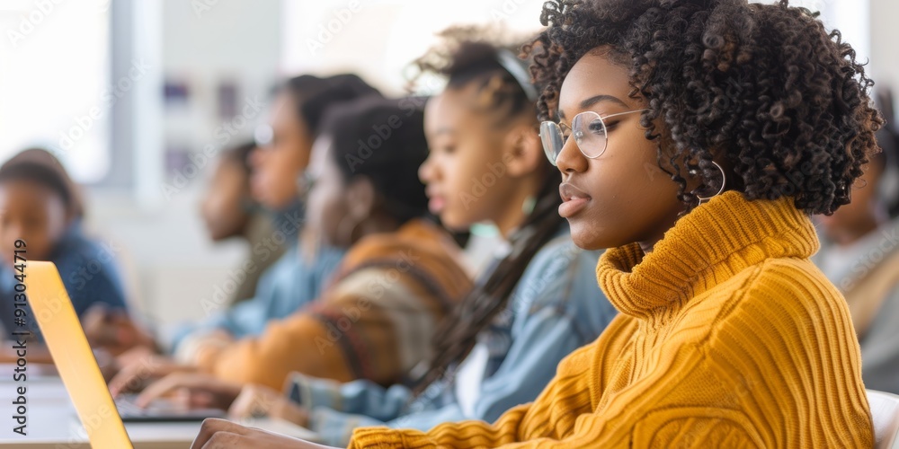 Girls, laptops, and creativity in a classroom, typing, learning, and ...