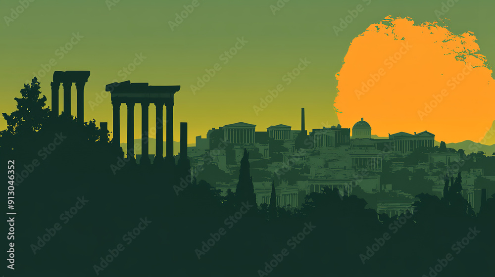 Sillhouette drawing of a striking, vibrant vista of an greco-roman ...
