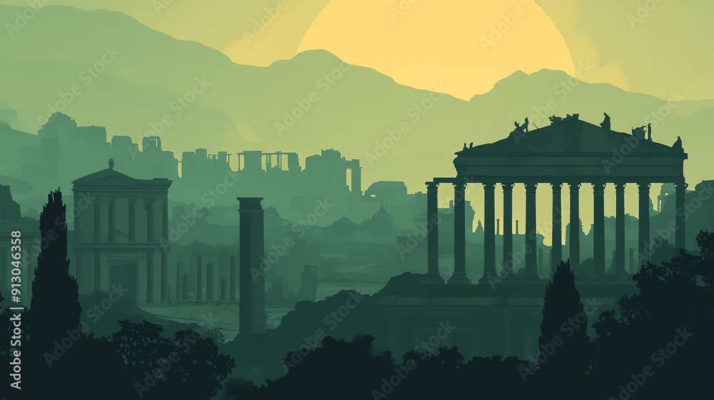 Sillhouette drawing of a striking, vibrant vista of an greco-roman ...