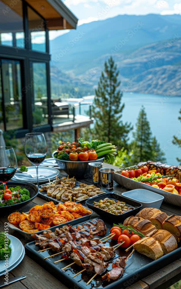 Outdoor Barbecue Feast With Scenic Lake View in Summer. A vibrant ...