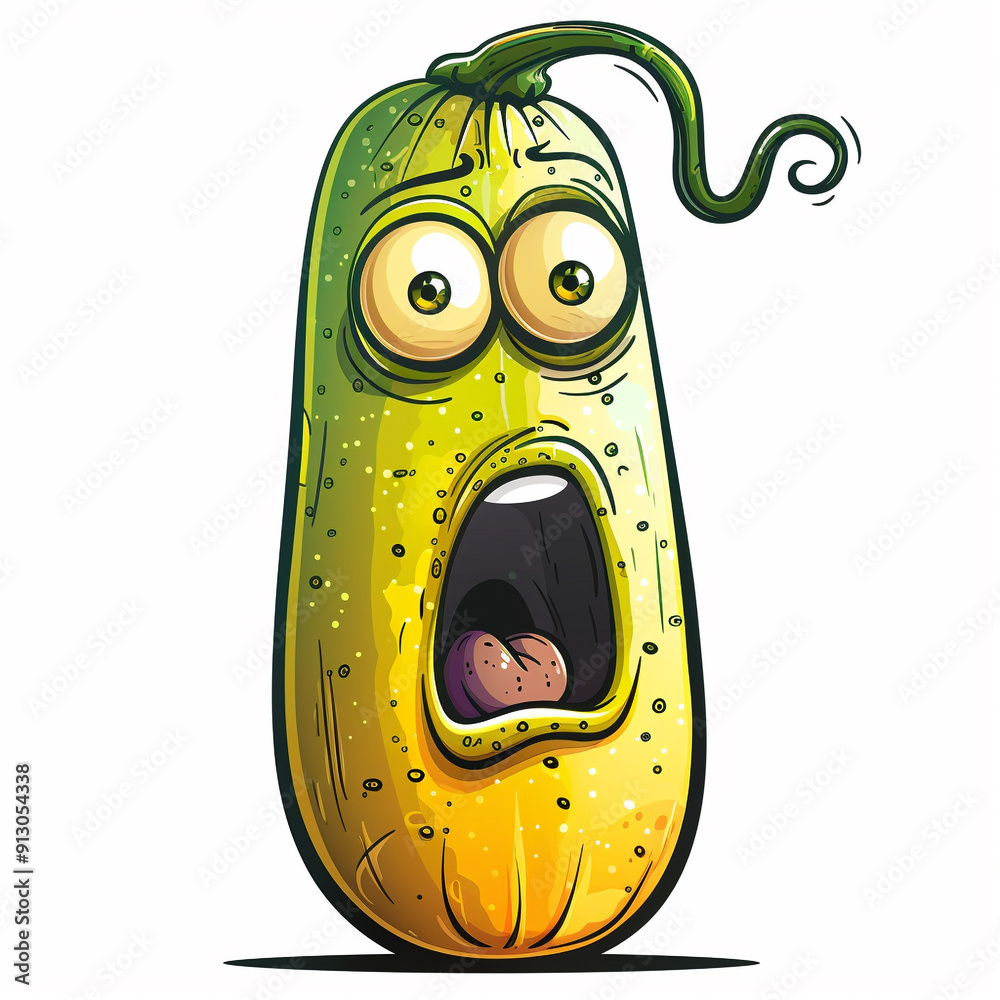 Cartoon-style shocked pickle character with funny expressions in bright ...