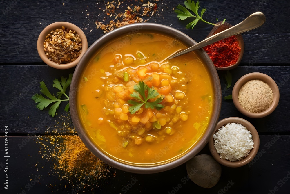 Food. lentils used in traditional Indian soups. Spiced Indian dhal dish ...
