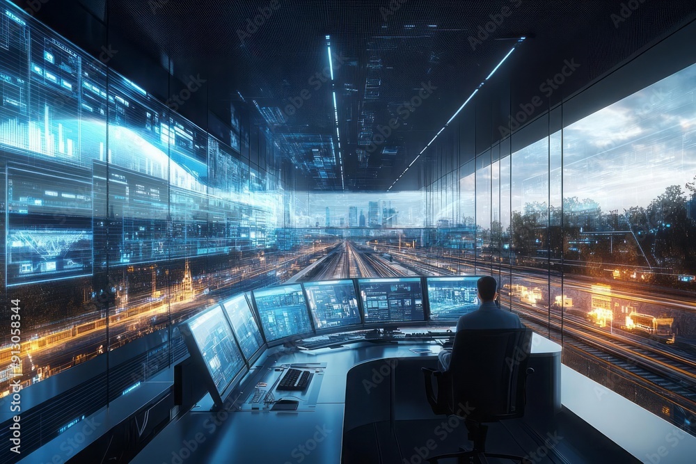 Control room with large digital screens and holographic displays, where ...